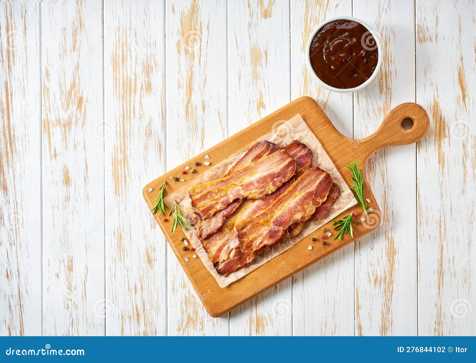 Fried Bacon Rashers and Bbq Sauce on a Table, Copy Space for Text ...