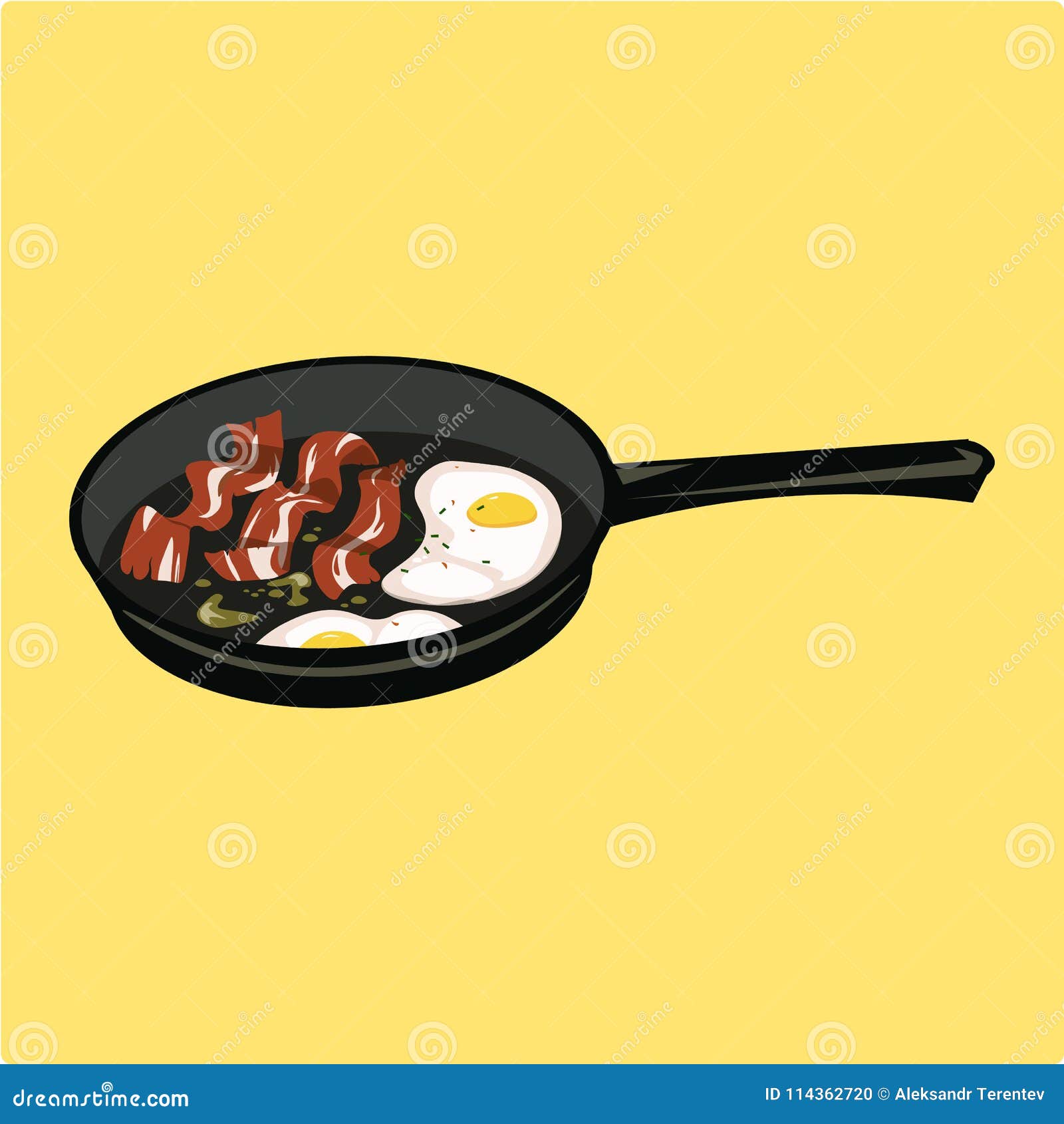 Fried Bacon And Scrambled Eggs On A Black Pan Stock Vector