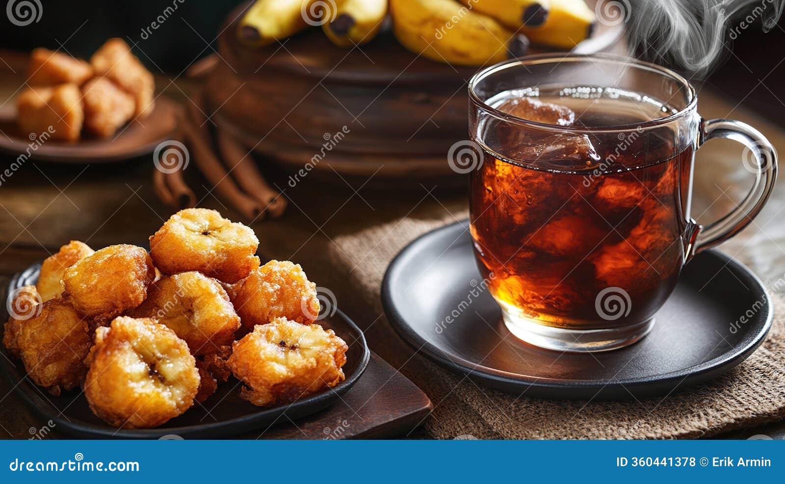 Fried Bananas and Iced Tea on Rustic Table Stock Photo - Image of ...
