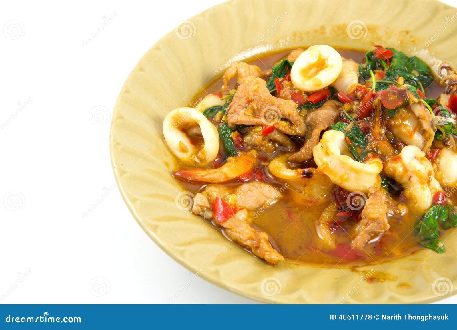 Fried Basil Leave with Pork, Squid, Shrim, Innards, Combination Stock ...