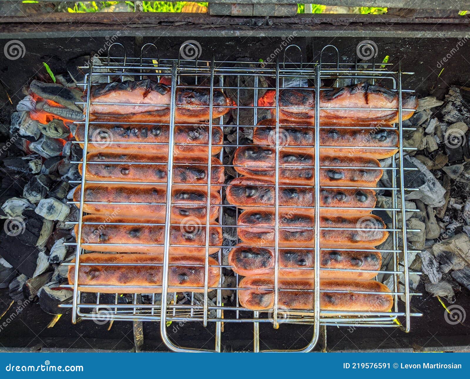 Fried Bbq Sausages on the Grill Under Hot Coals Top View Stock Image ...