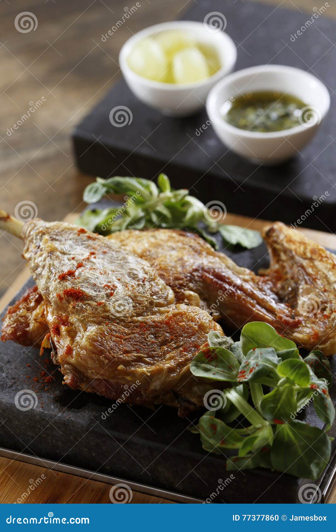 Fried Beef and Chicken Leg on the Table in Restaurant Stock Photo ...