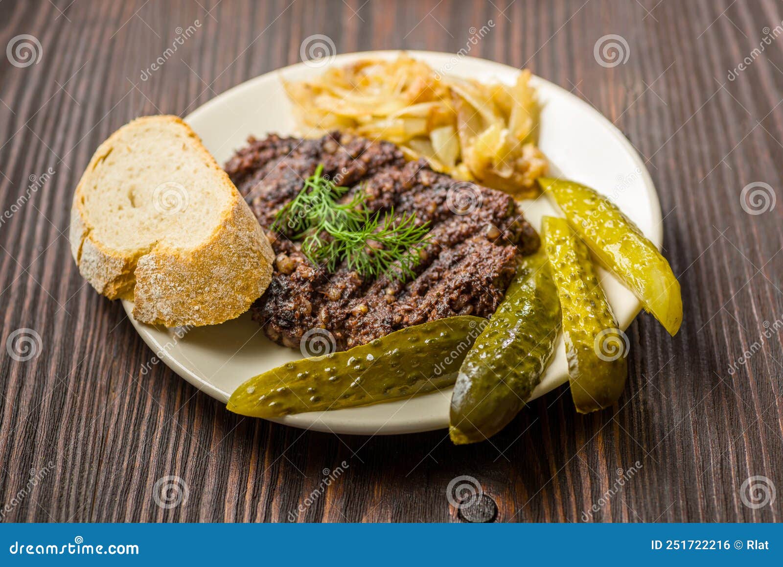 Fried Black Pudding with Additions and Bread Stock Photo - Image of ...