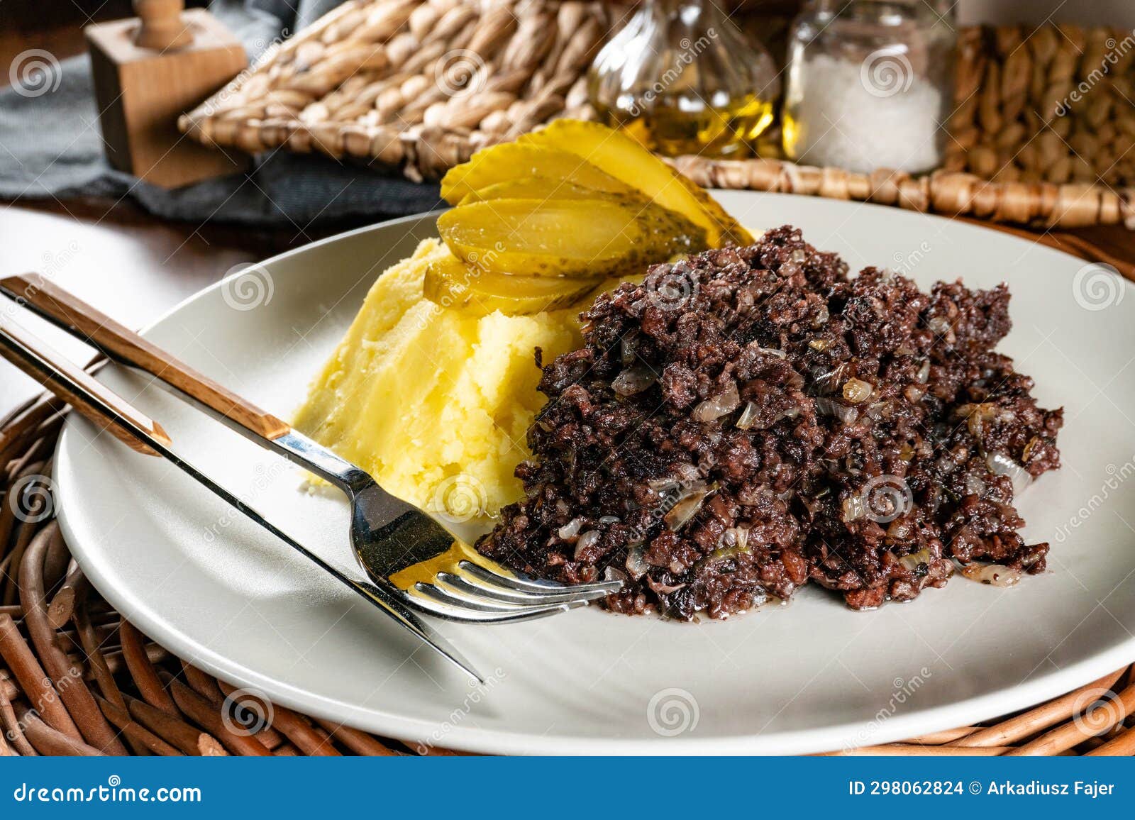 Fried Black Pudding with Mashed Potatoes Stock Photo - Image of cooking ...
