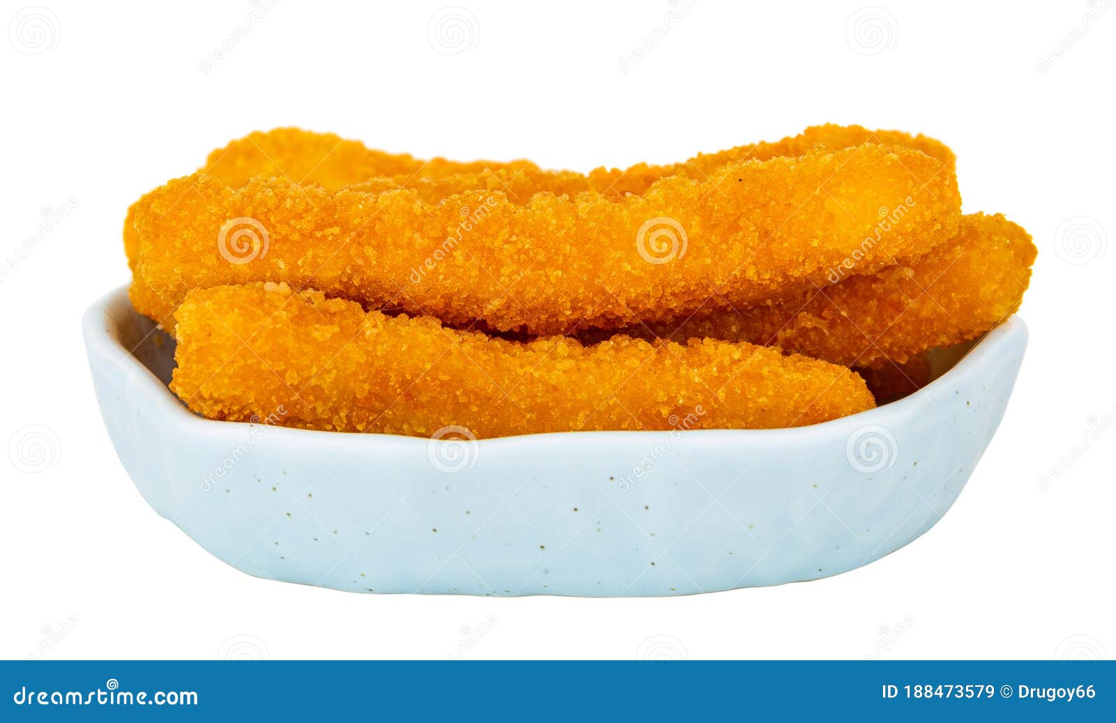 Fried Breaded Chicken Sticks in Blue Bowl Isolated on White. Side View ...