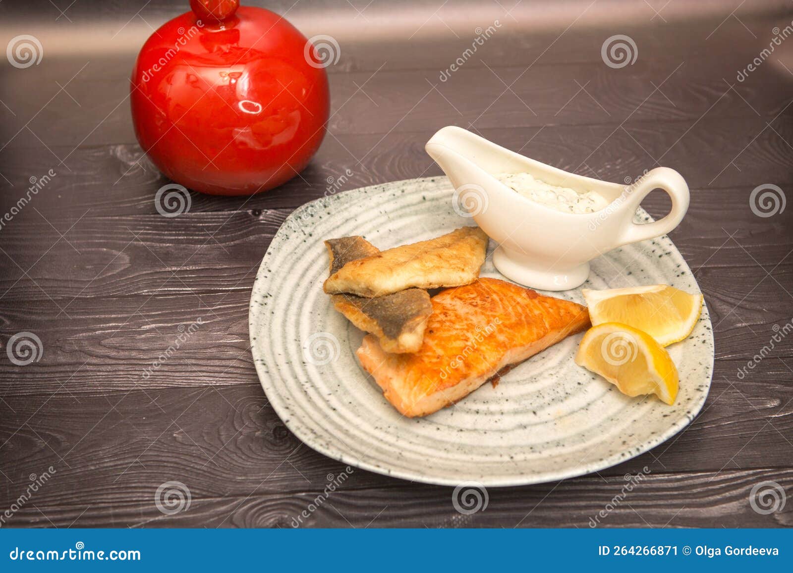 Fried Breaded Fish with White Sauce and Lemon Stock Image - Image of ...