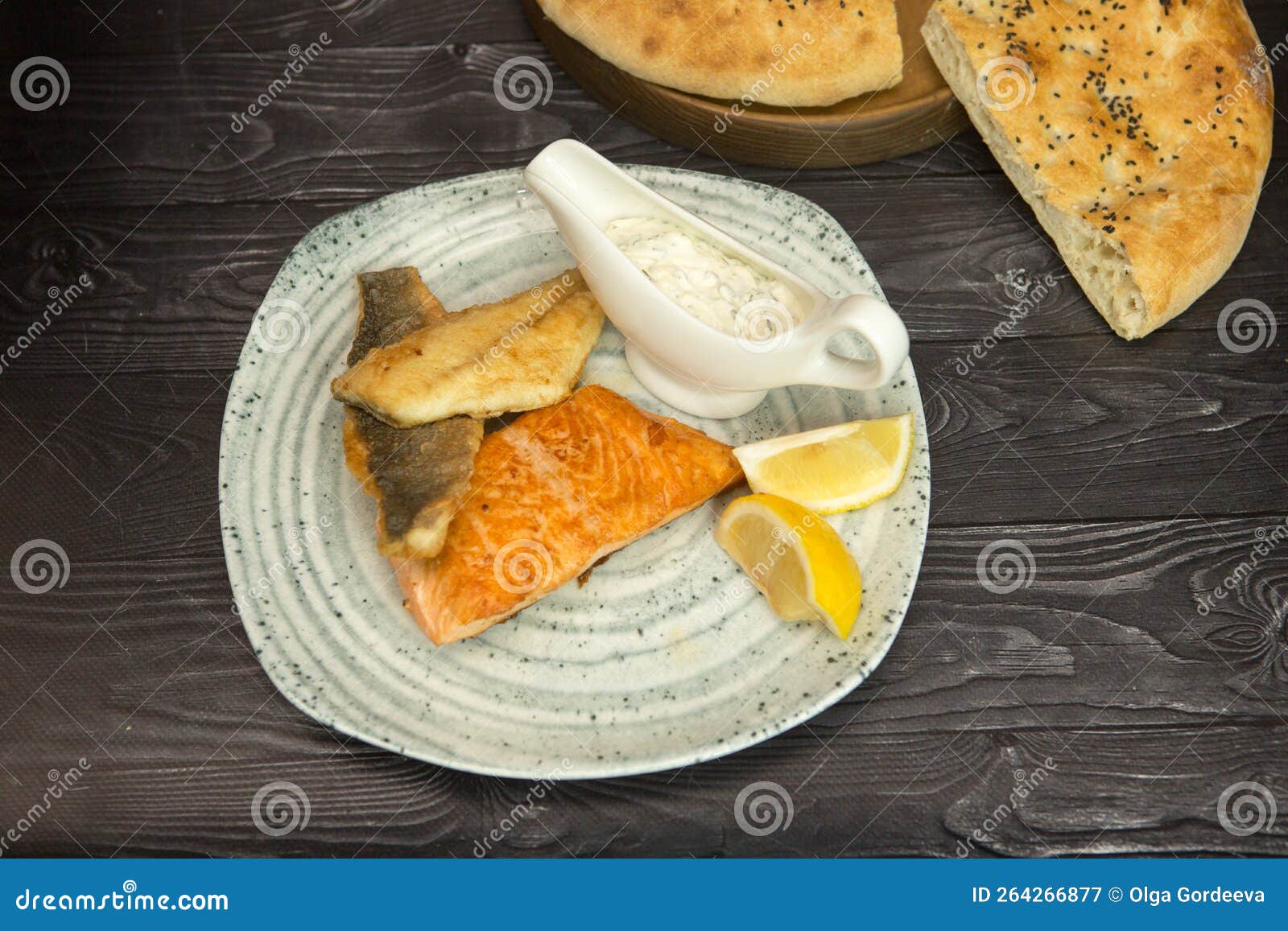 Fried Breaded Fish with White Sauce and Lemon Stock Image - Image of ...