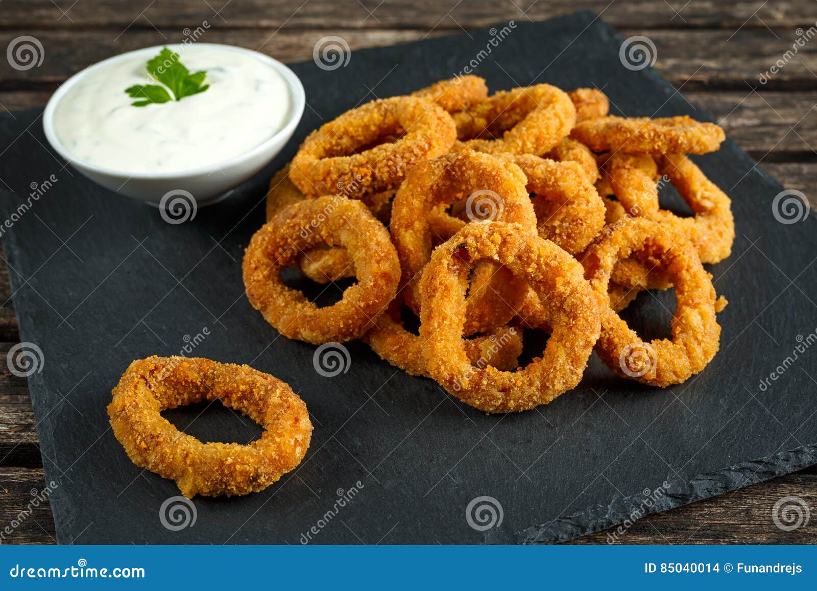 Fried Breaded Onion Rings with Sauce on Stone Board Stock Photo - Image ...