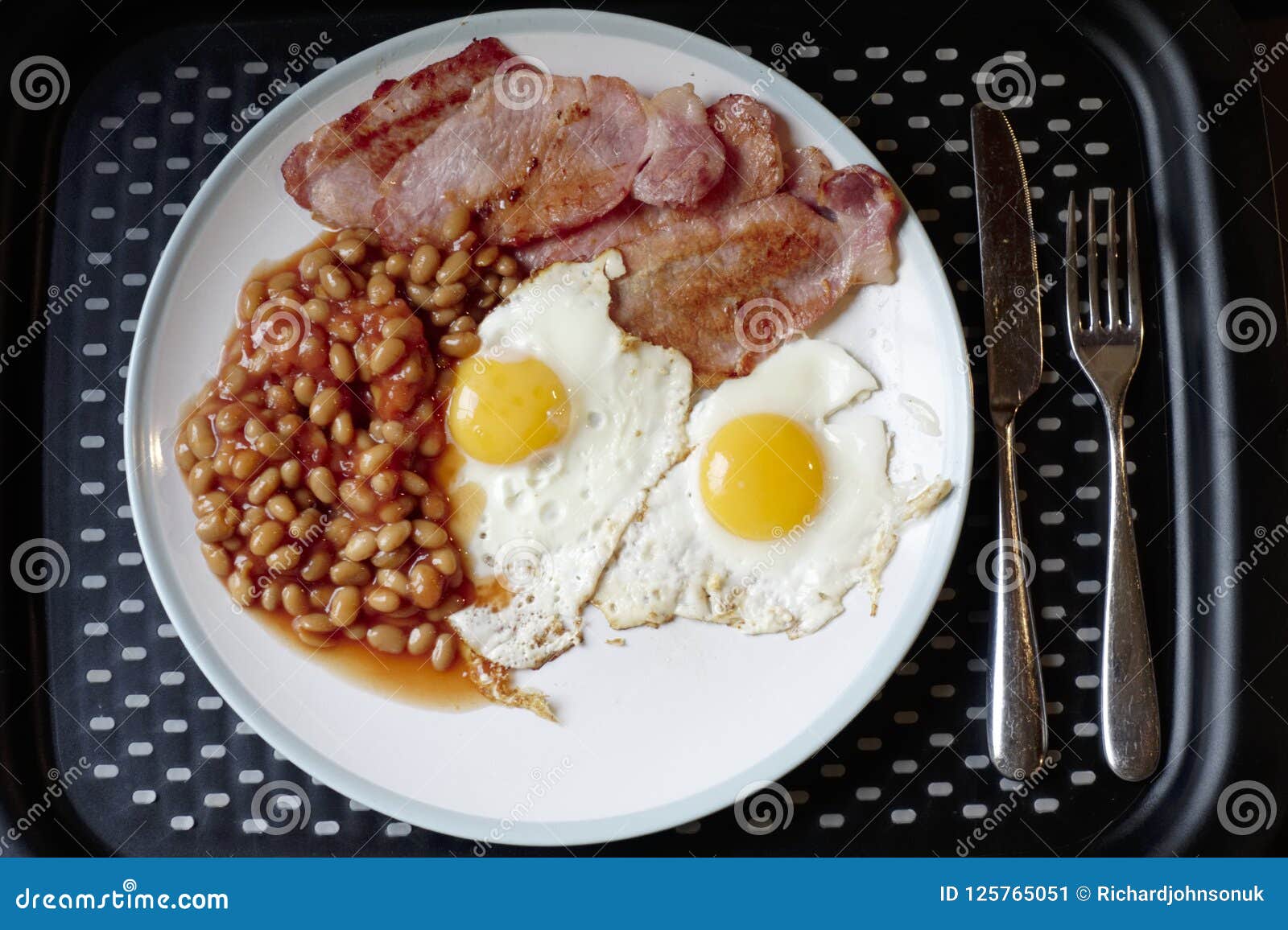 Fried Breakfast View from Above of Bacon Beans and Eggs on Plate and ...