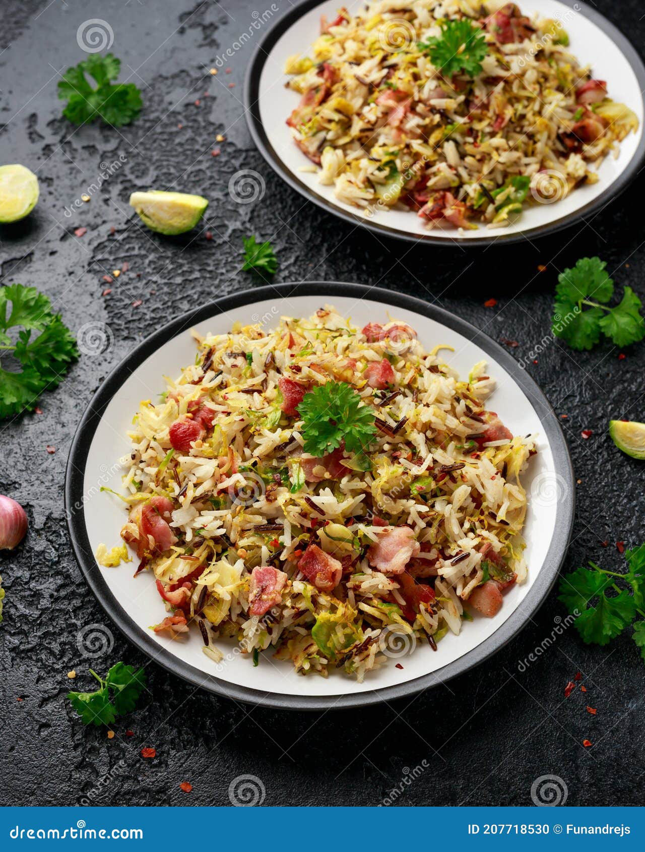 Fried Brussels Sprouts with Rice and Crispy Bacon Stock Photo - Image ...