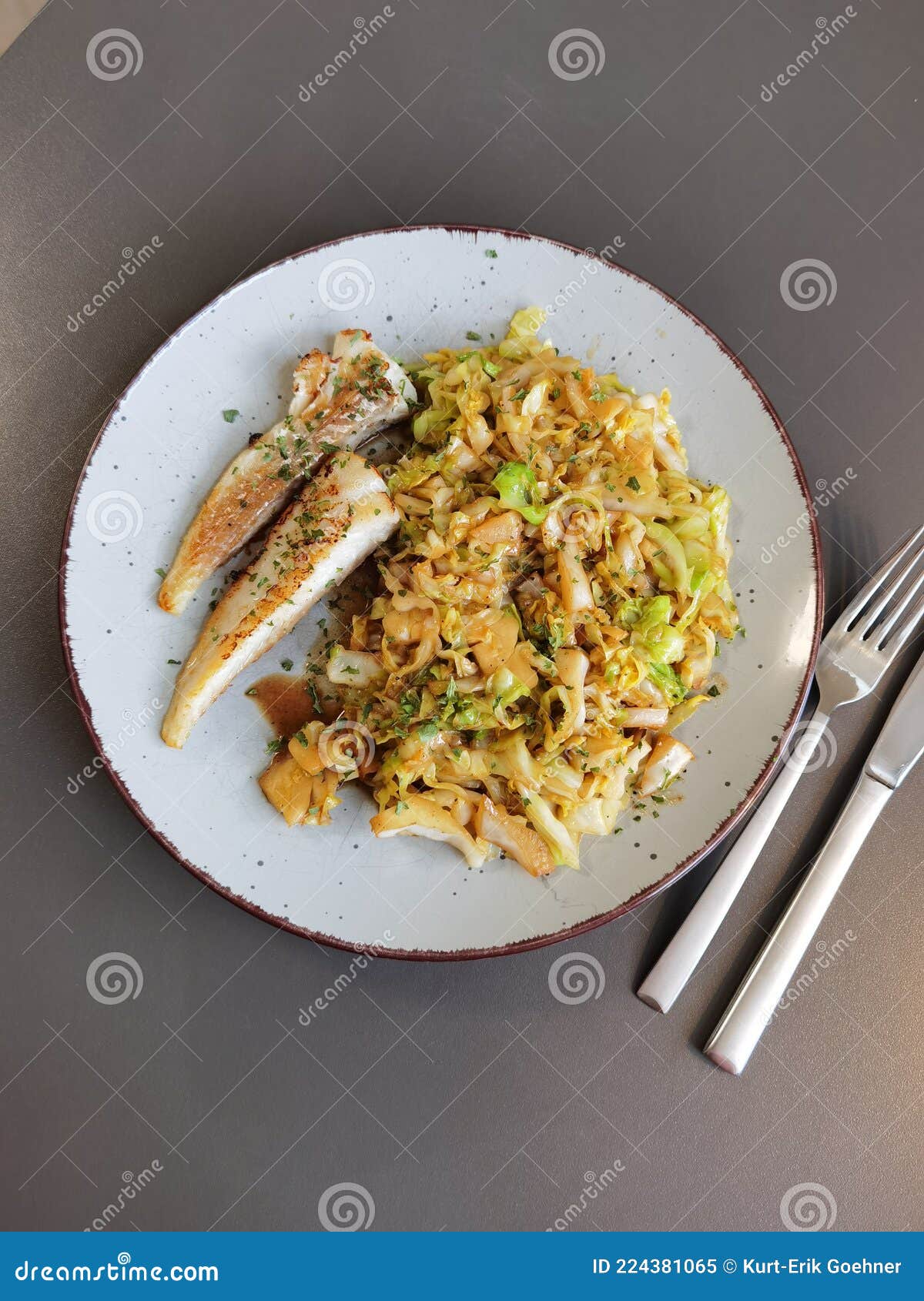 Fried cabbage with fish stock image. Image of dish, vegetable - 224381065
