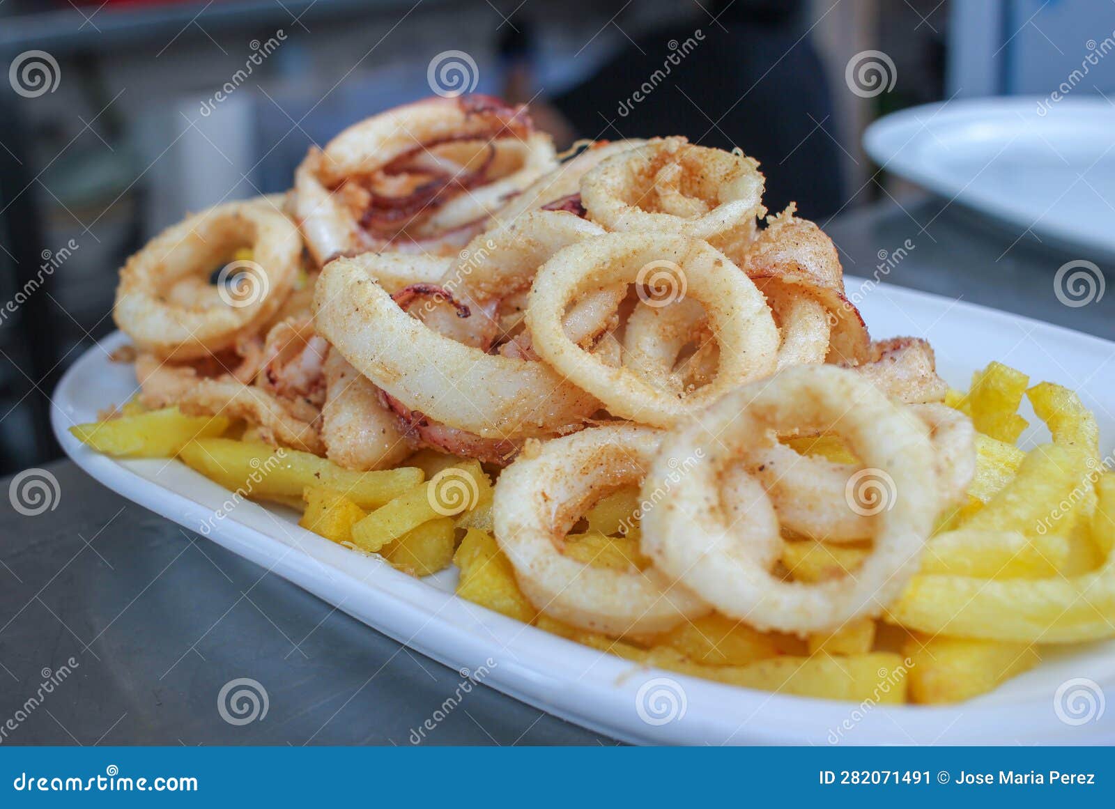 Fried Calamari and Chips in Galicia, Spain Stock Image - Image of gold ...