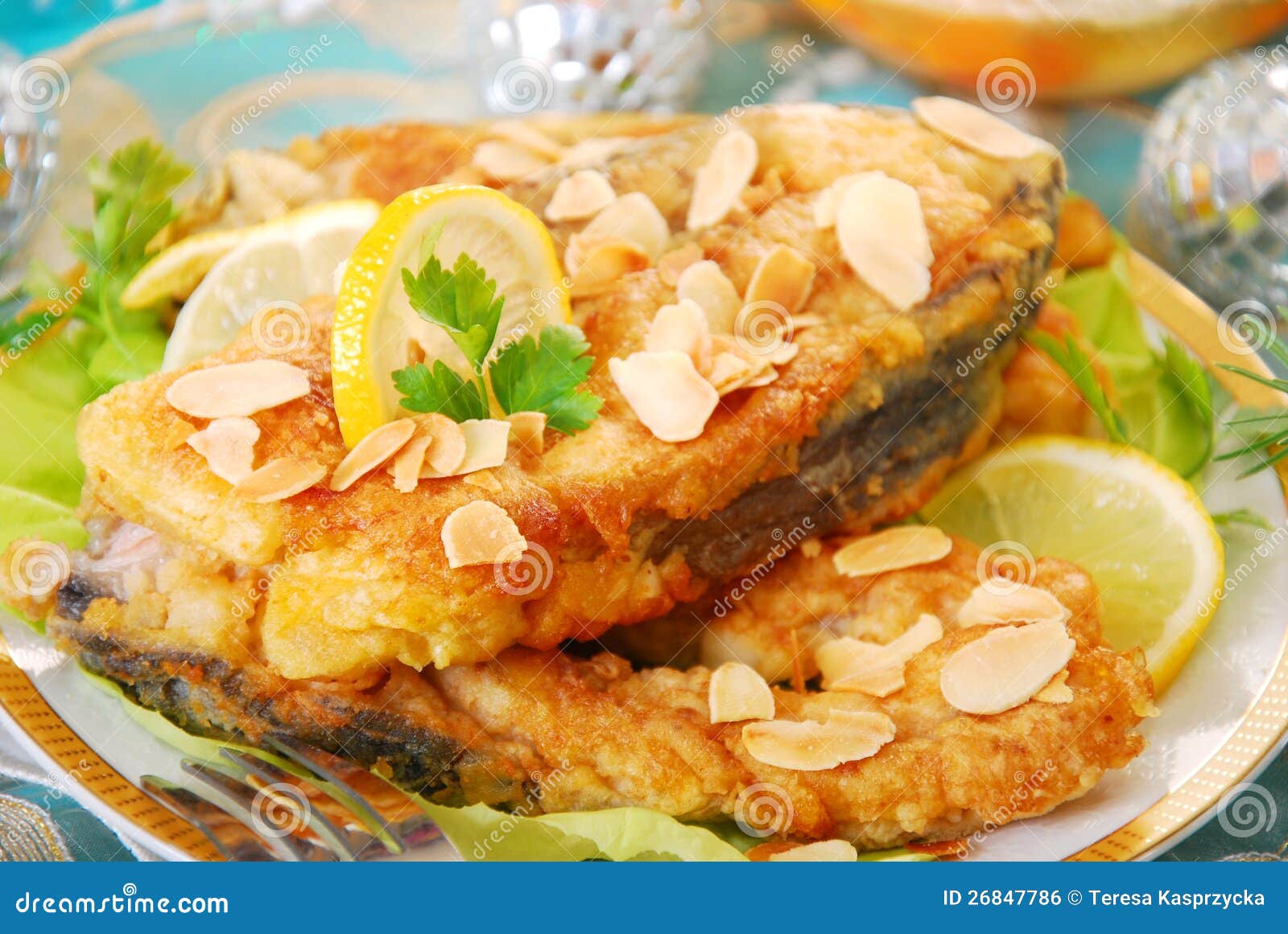 Fried Carp with Almonds for Christmas Stock Photo - Image of golden ...