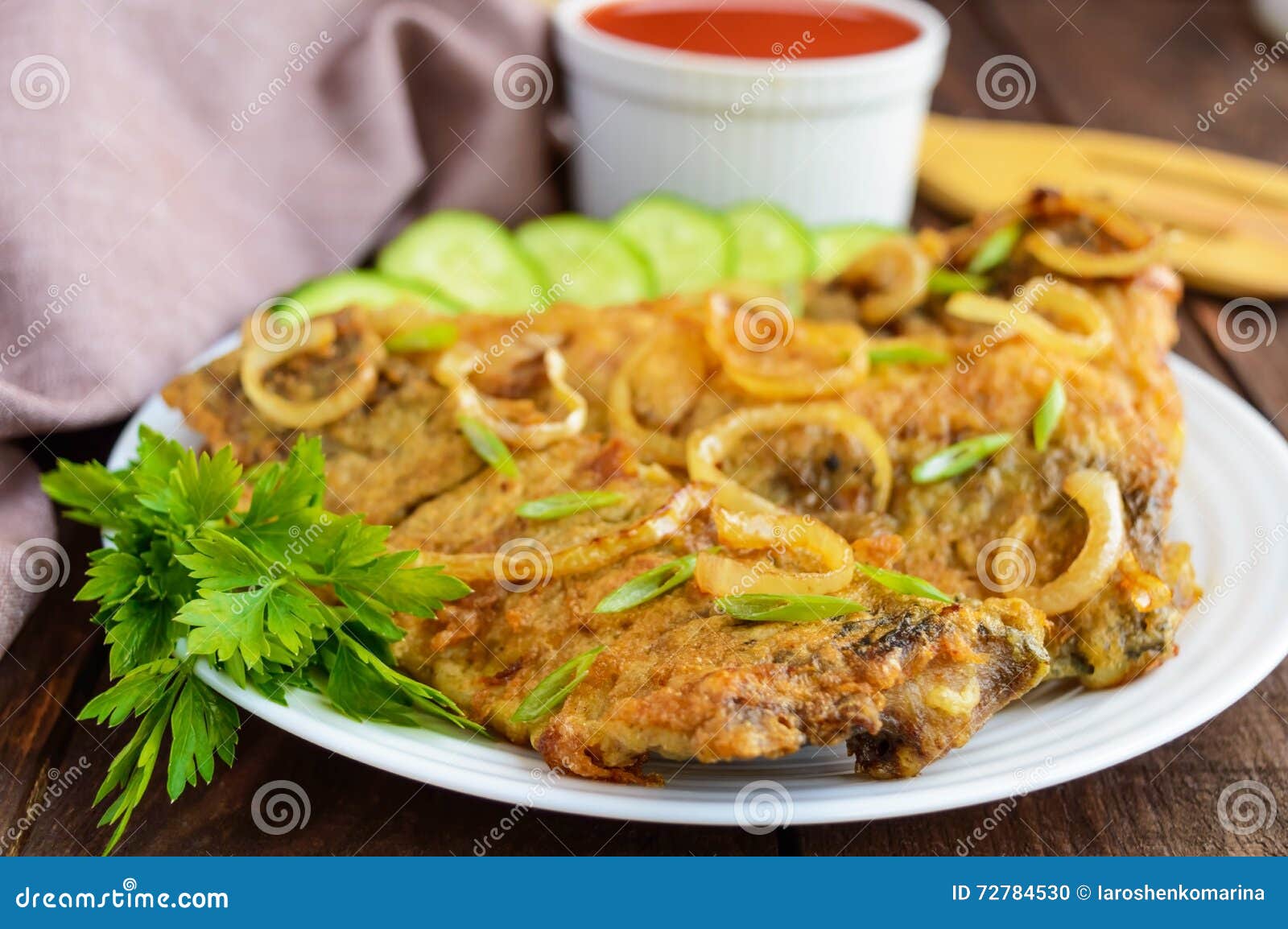 Fried Carp Fish Fillet in Batter on Wooden Table. Stock Photo - Image ...