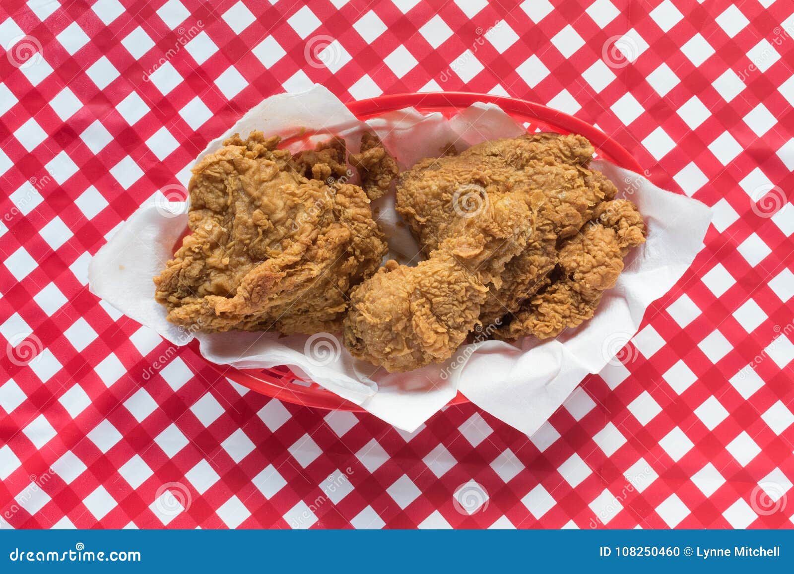 Fried Chicken Basket on Red Checkerboard Tablecloth in Center Stock ...