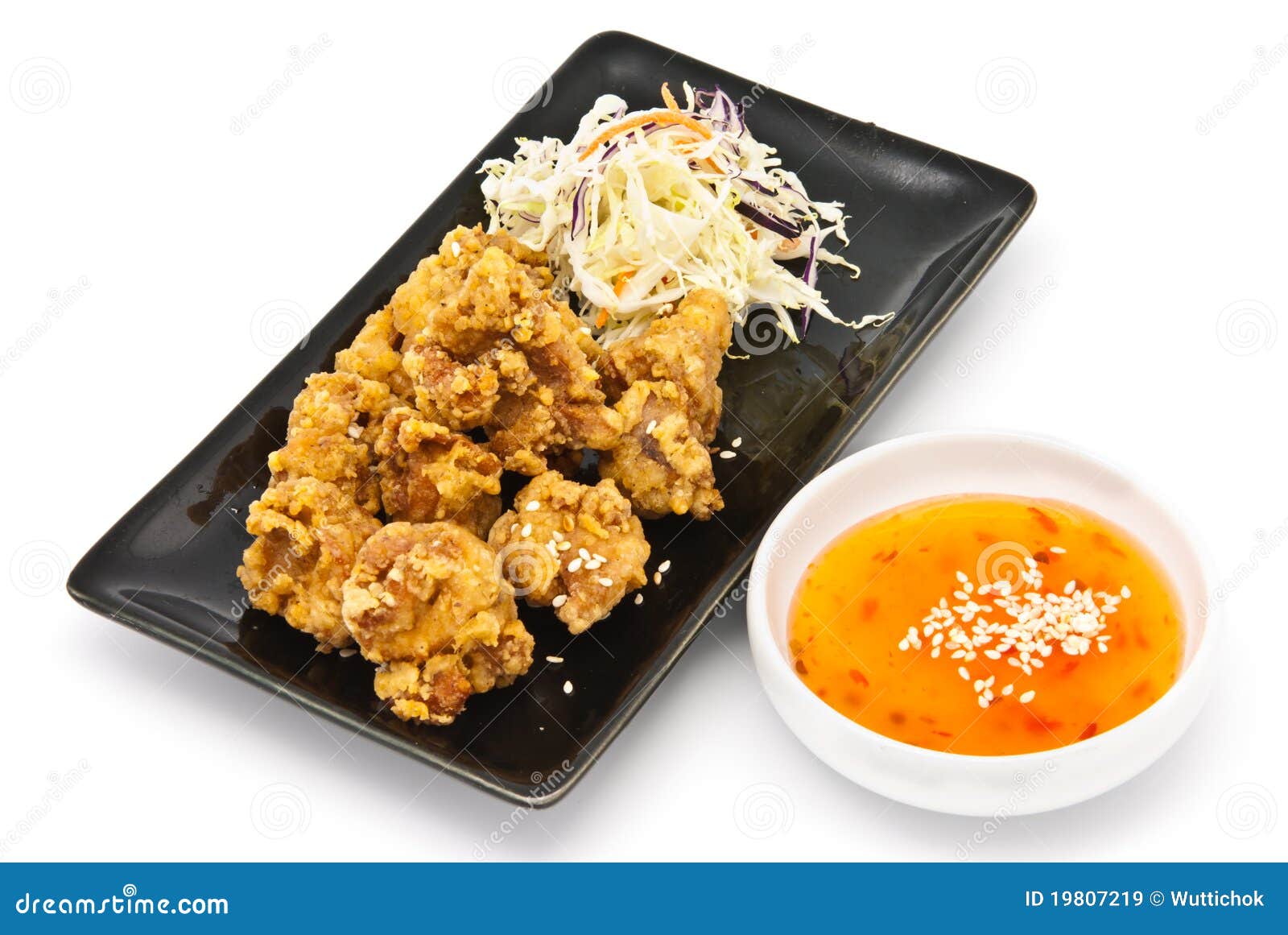 Fried Chicken in Black Plate with Sauce Stock Image - Image of oriental ...