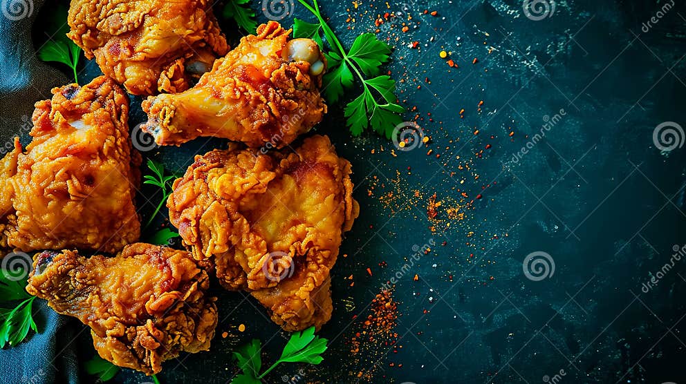 Fried Chicken on a Dark Background, Top View Stock Illustration ...