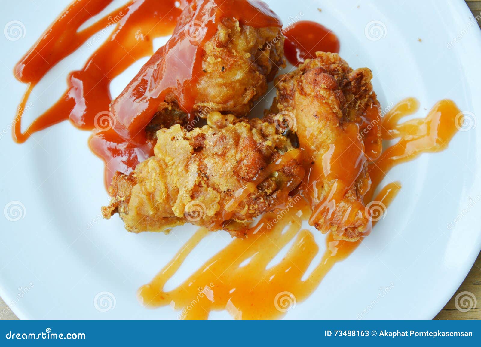 Fried Chicken Dressing Ketchup and Chili Sauce on White Dish Stock ...