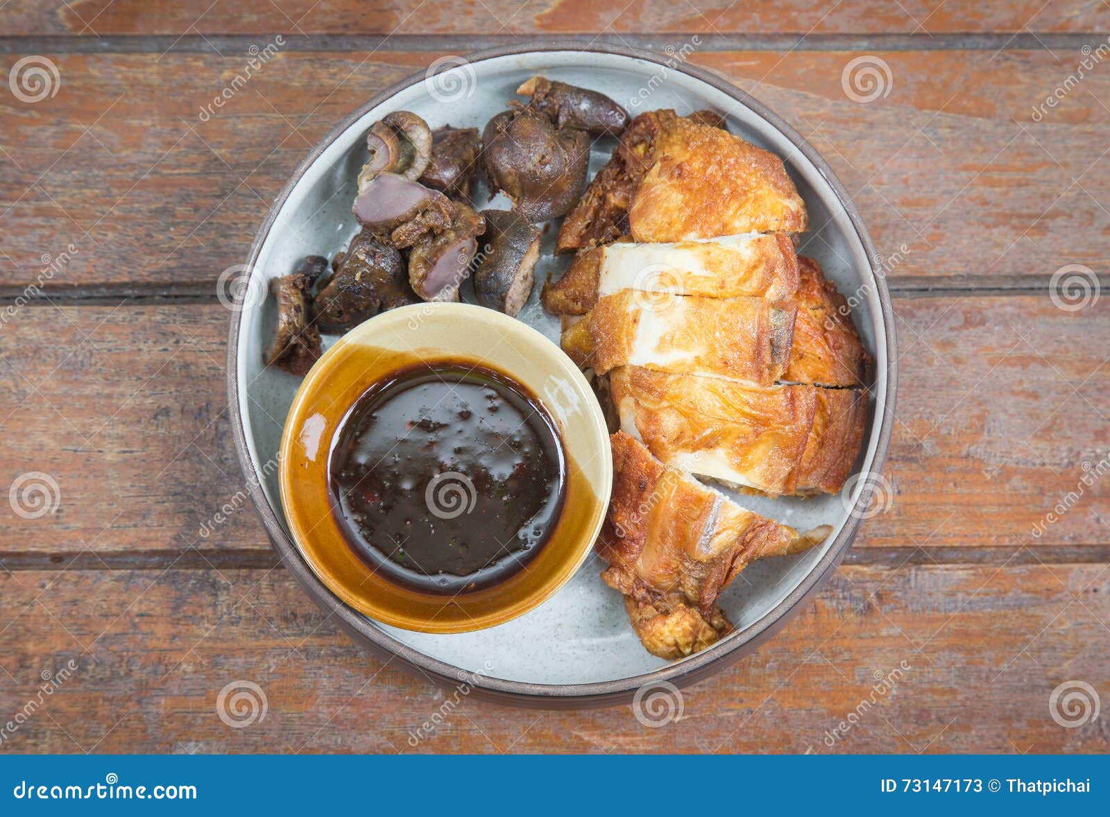 Fried Chicken and Entrails on a White Plate Stock Image - Image of ...