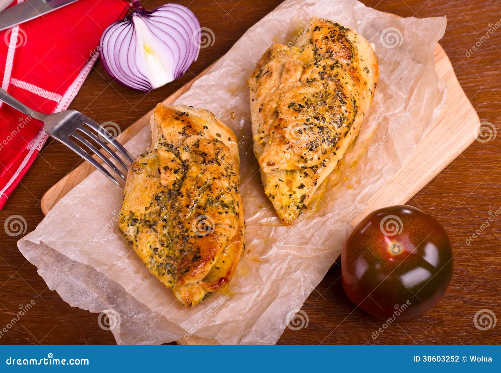 Fried Chicken Fillets on a Wooden Board and Vegetables Stock Photo ...