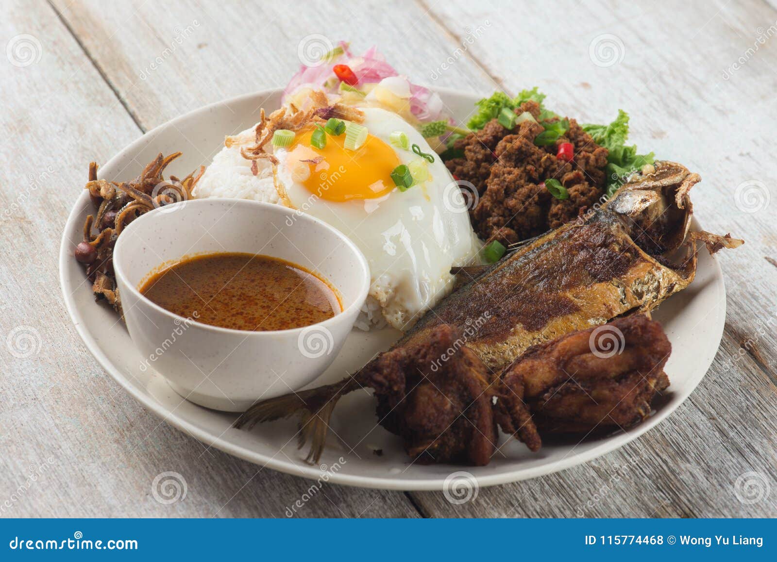 Fried Chicken and Fried Fish Rice with Curry Stock Photo - Image of ...
