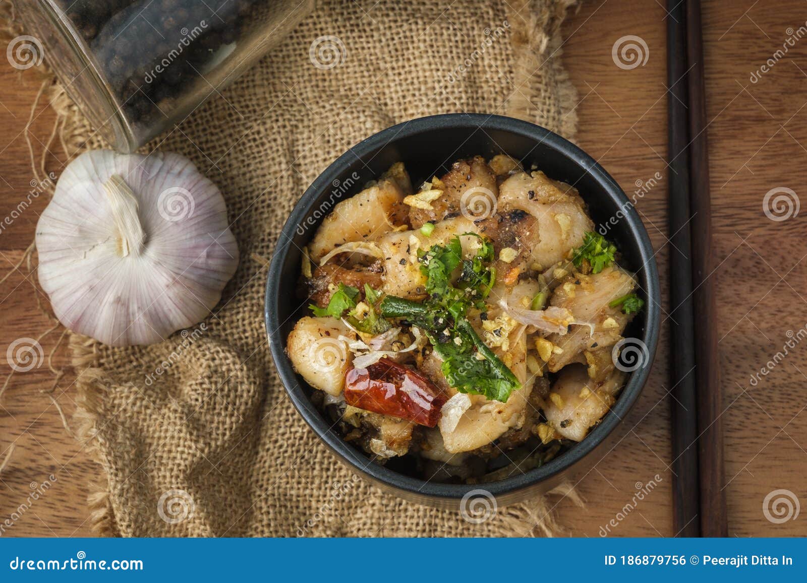 Fried Chicken with Garlic and Pepper with Rice. Thai Dish Stock Photo ...