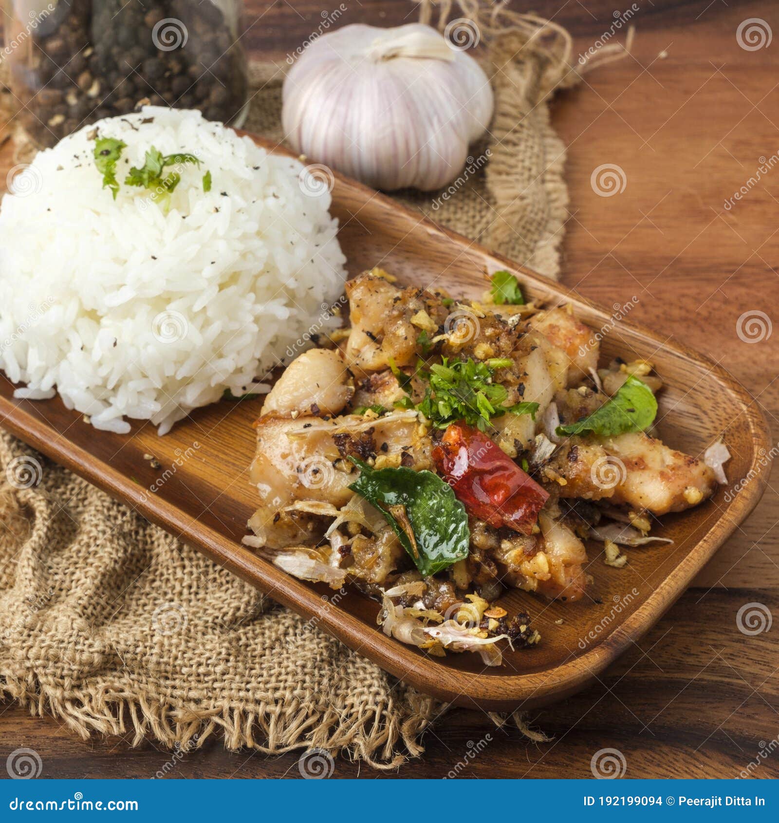 Fried Chicken with Garlic and Pepper with Rice. Thai Dish Stock Photo ...