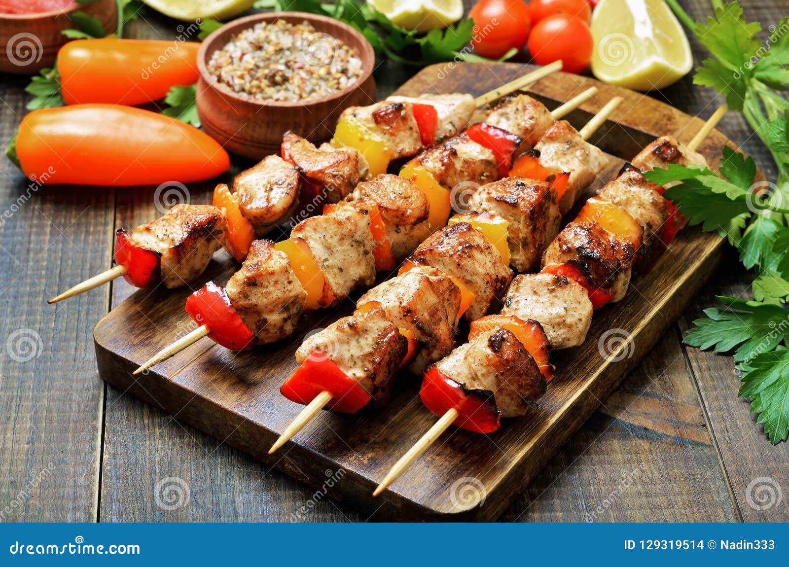 Fried chicken kebabs stock photo. Image of lemon, gourmet - 129319514