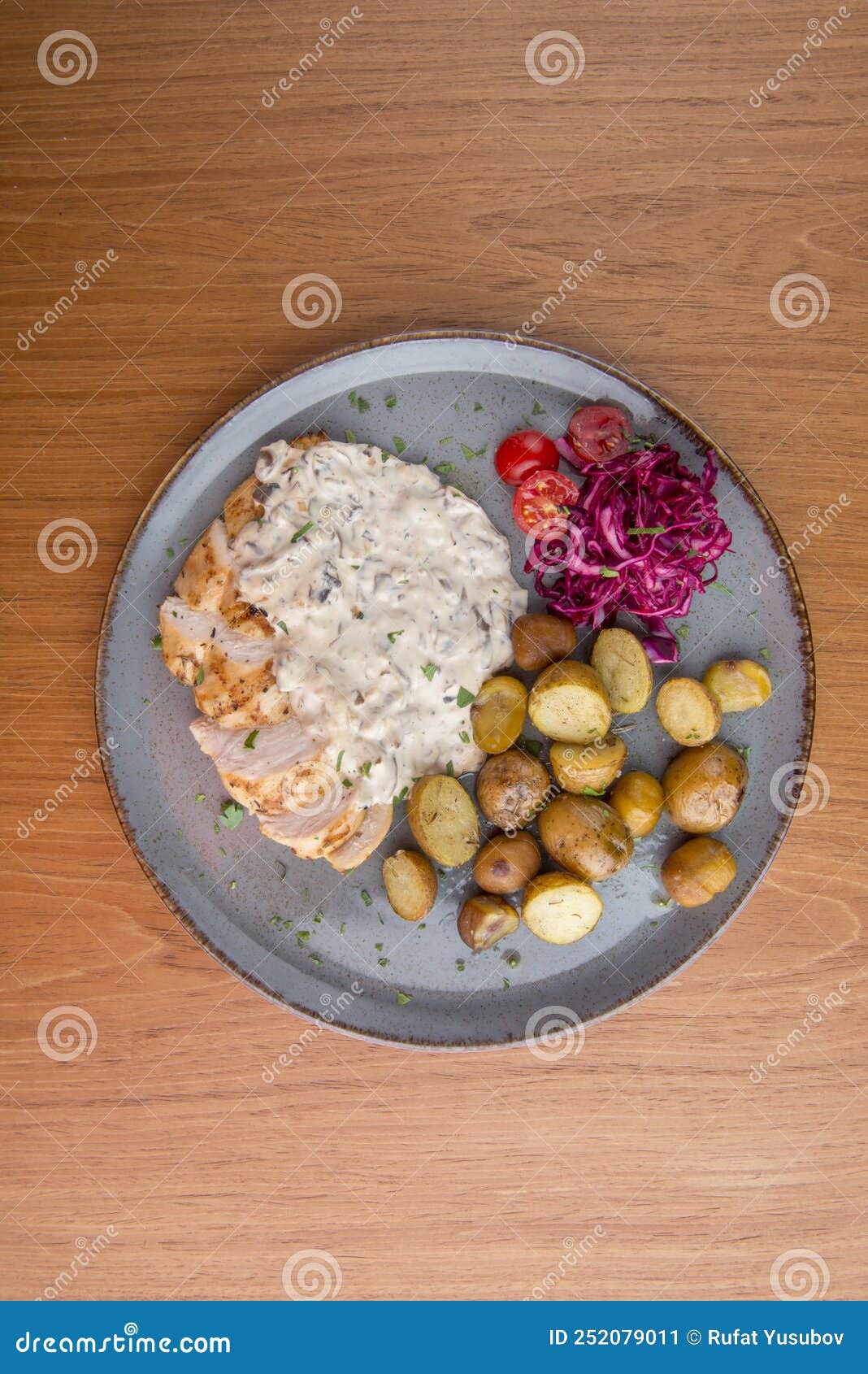 Fried Chicken Langet with Young Spring Potatoes, Small Cabbage and ...