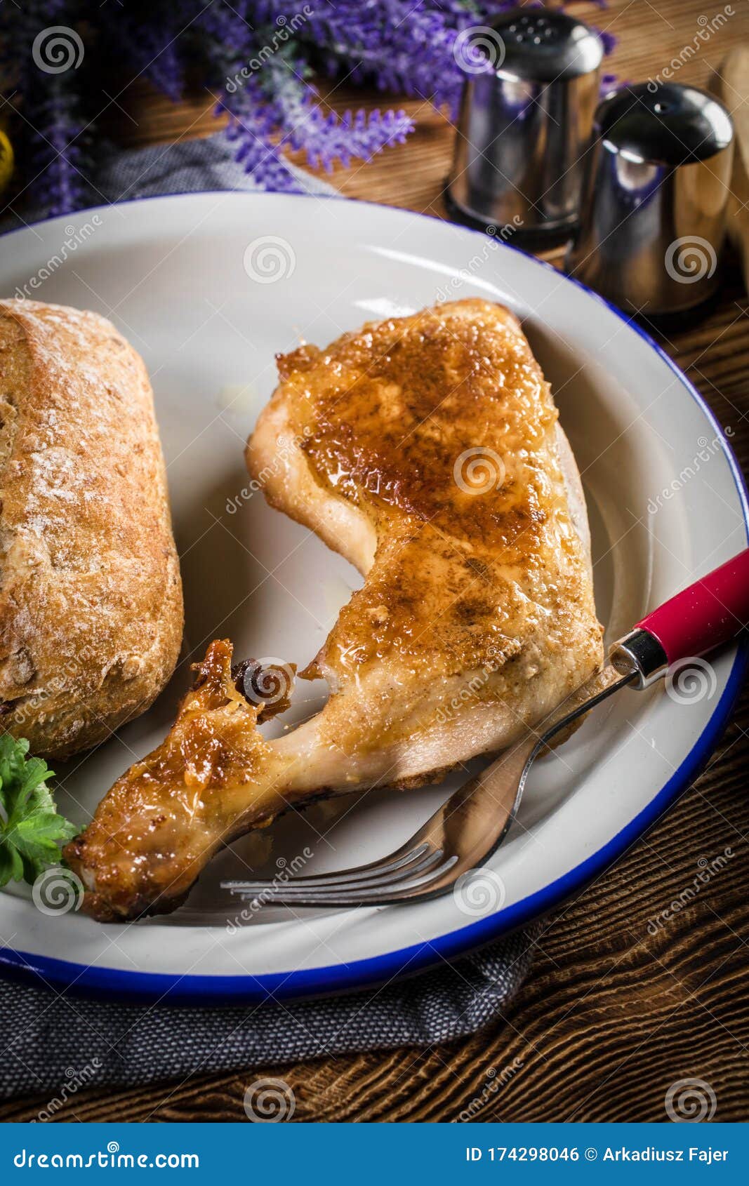 Fried Chicken Leg with Bread Roll Stock Photo - Image of bread, wooden ...