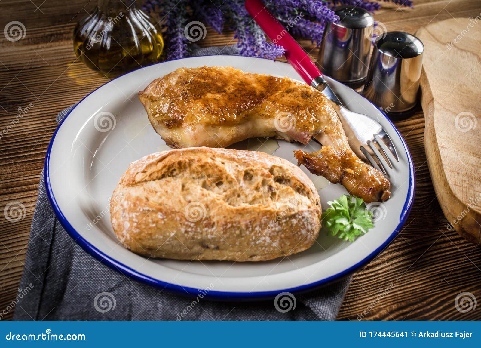 Fried Chicken Leg with Bread Roll Stock Image - Image of bread, grilled ...