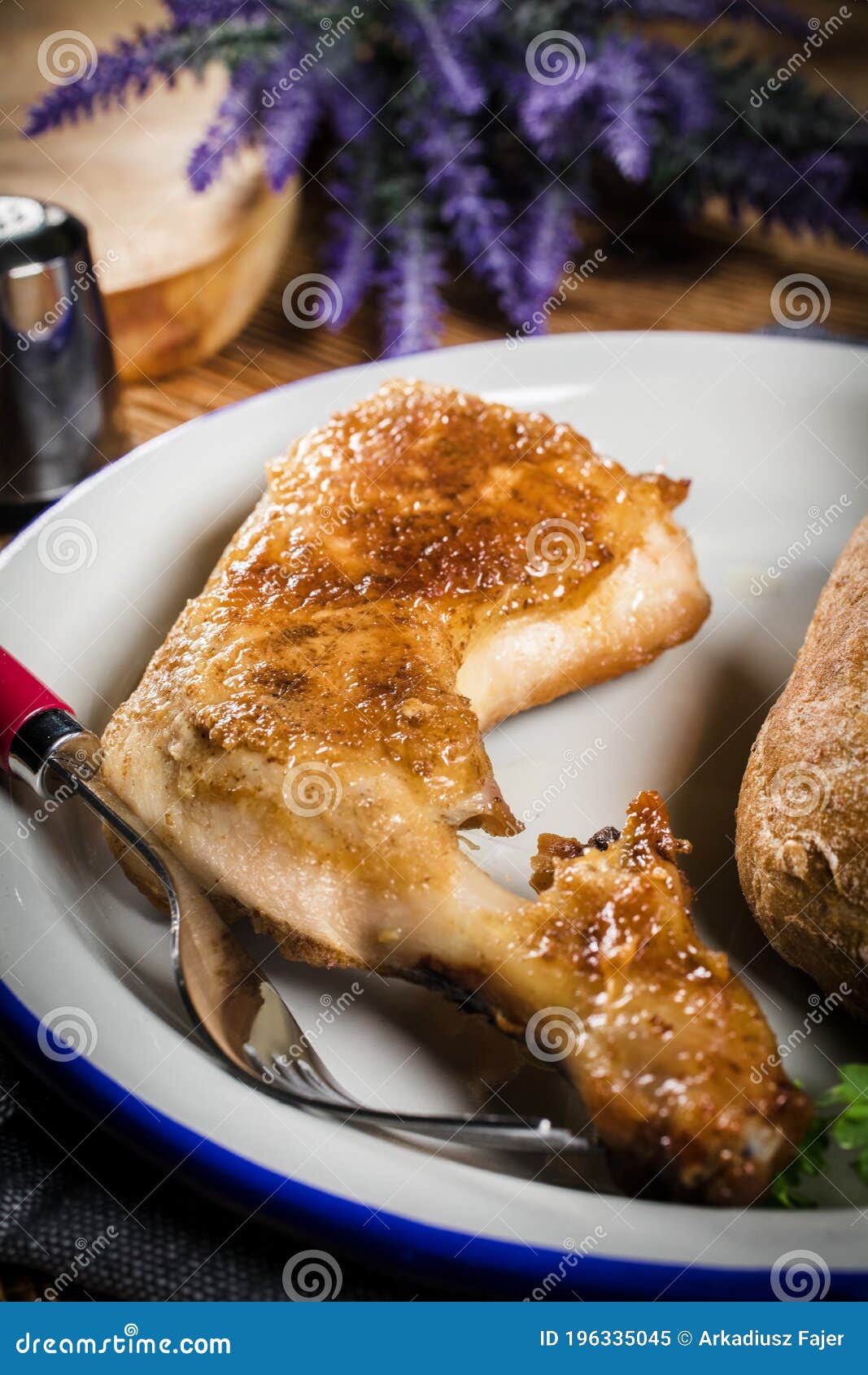 Fried Chicken Leg with Bread Roll Stock Image - Image of rustic ...