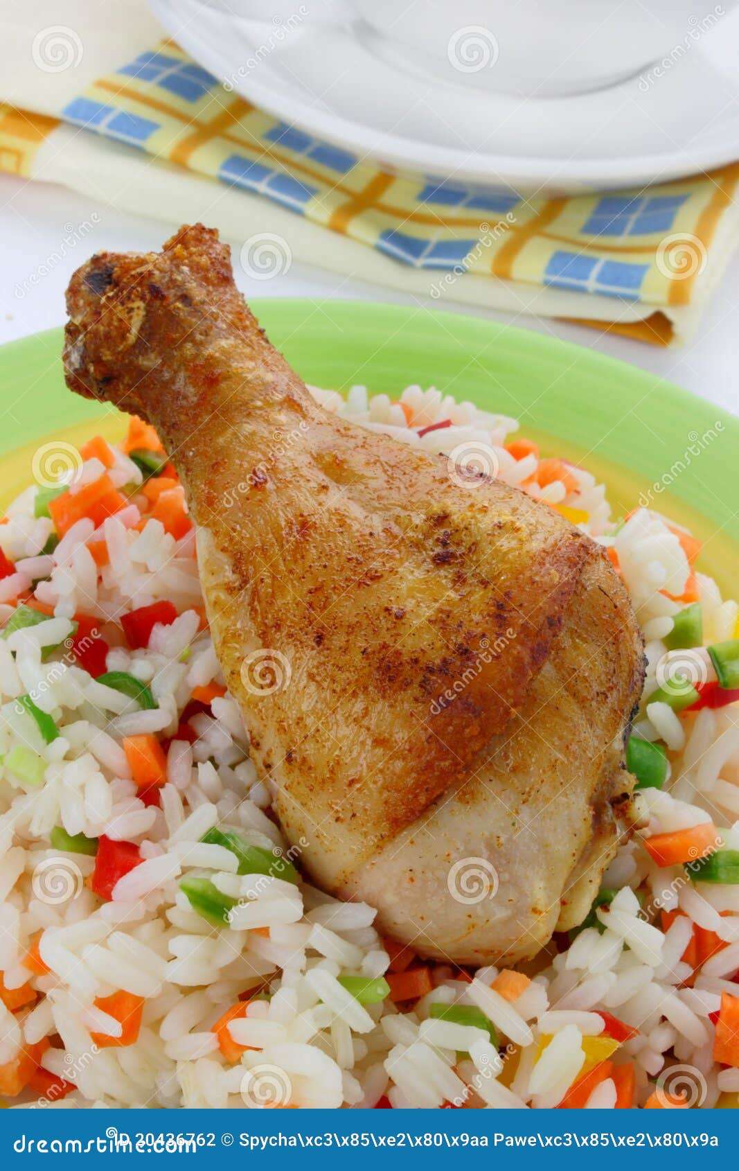 Fried Chicken Leg with Rice Stock Photo - Image of peas, white: 20436762