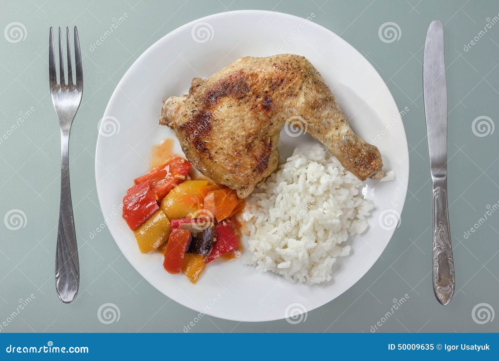 Fried Chicken Leg with Rice and Vegetables Stock Image - Image of grill ...