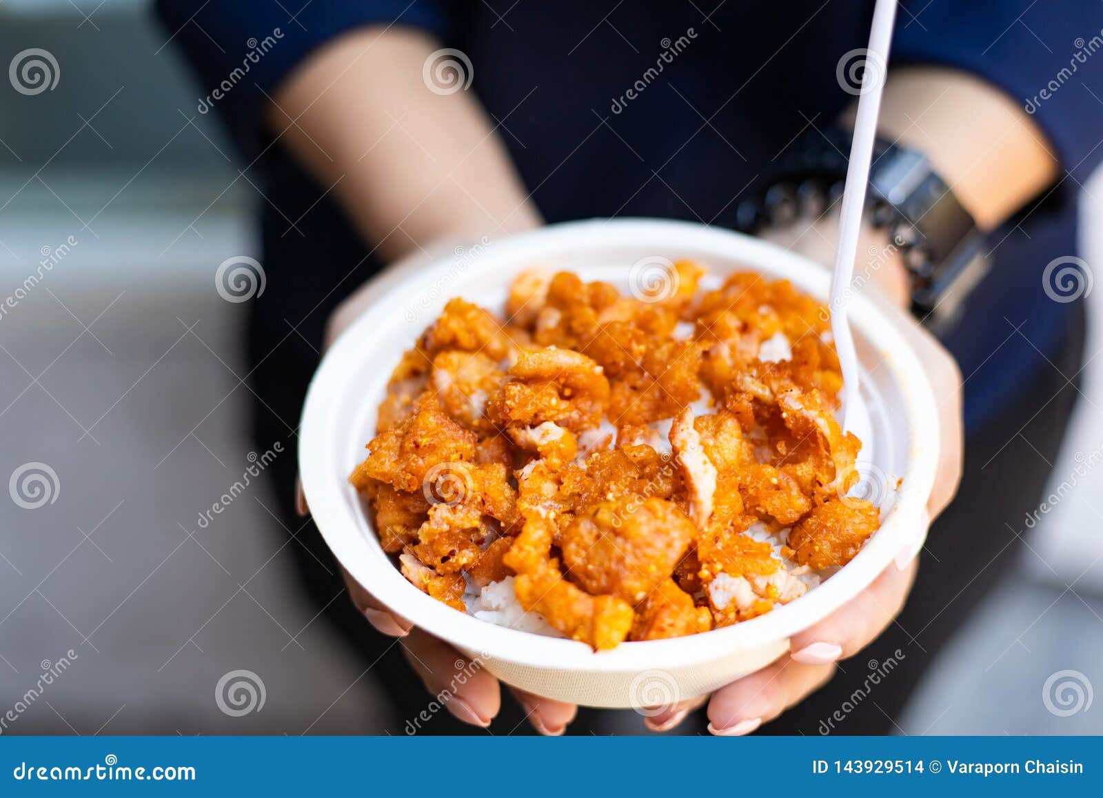 Fried chicken over rice stock photo. Image of spoon - 143929514