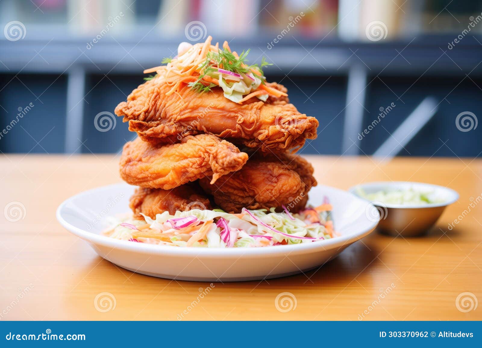 Fried Chicken Pieces Stacked with a Side of Coleslaw Stock Photo ...