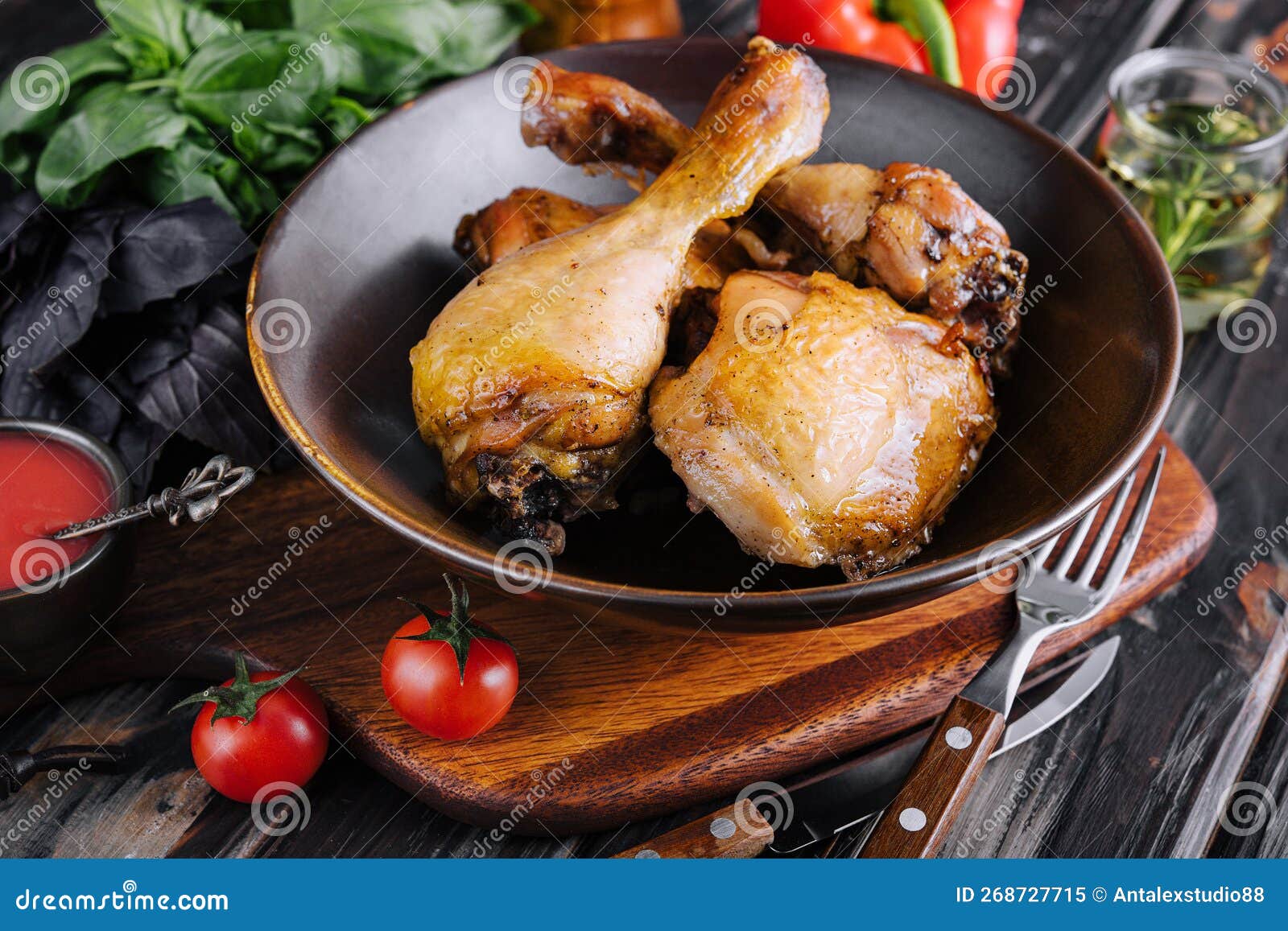 Fried Chicken on the Plate with Tomatoes Stock Image - Image of diet ...