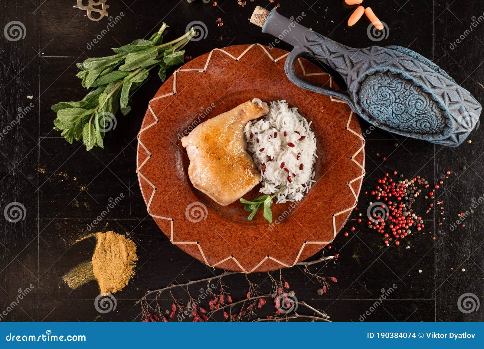 Fried Chicken and Rice in a Plate Top View Stock Photo - Image of grill ...
