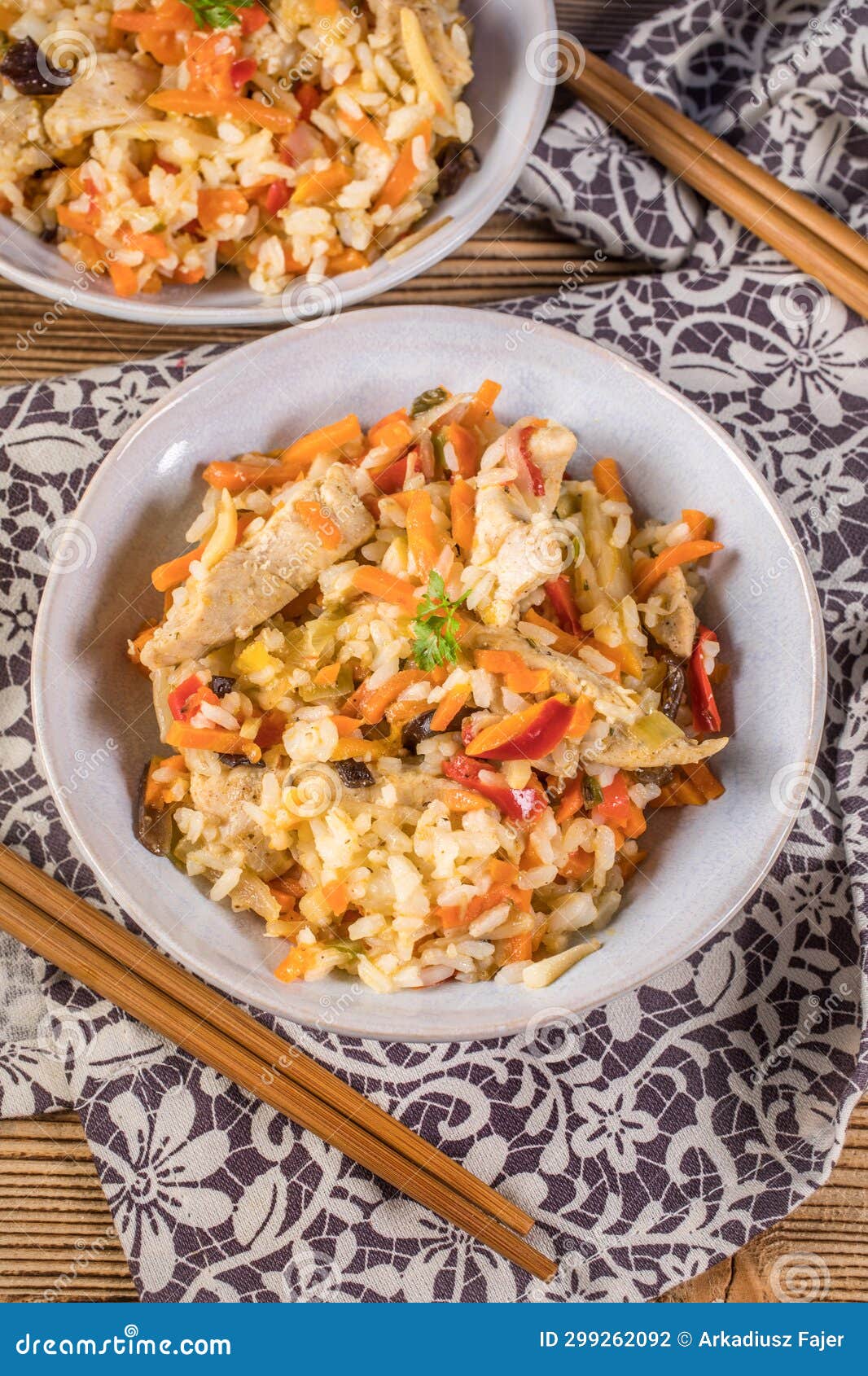 Fried Chicken with Rice and Vegetables Stock Photo - Image of meal ...