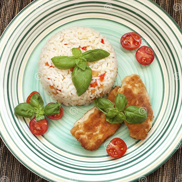 Fried chicken with rice stock photo. Image of basil, meat - 42077500