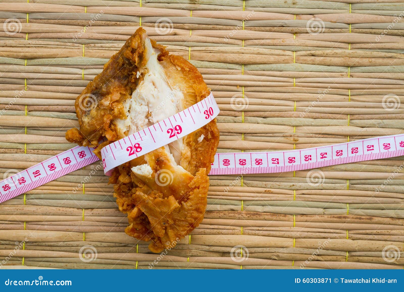 Fried Chicken on Traditional Mat with Measuring Tape, Diet Conce Stock ...