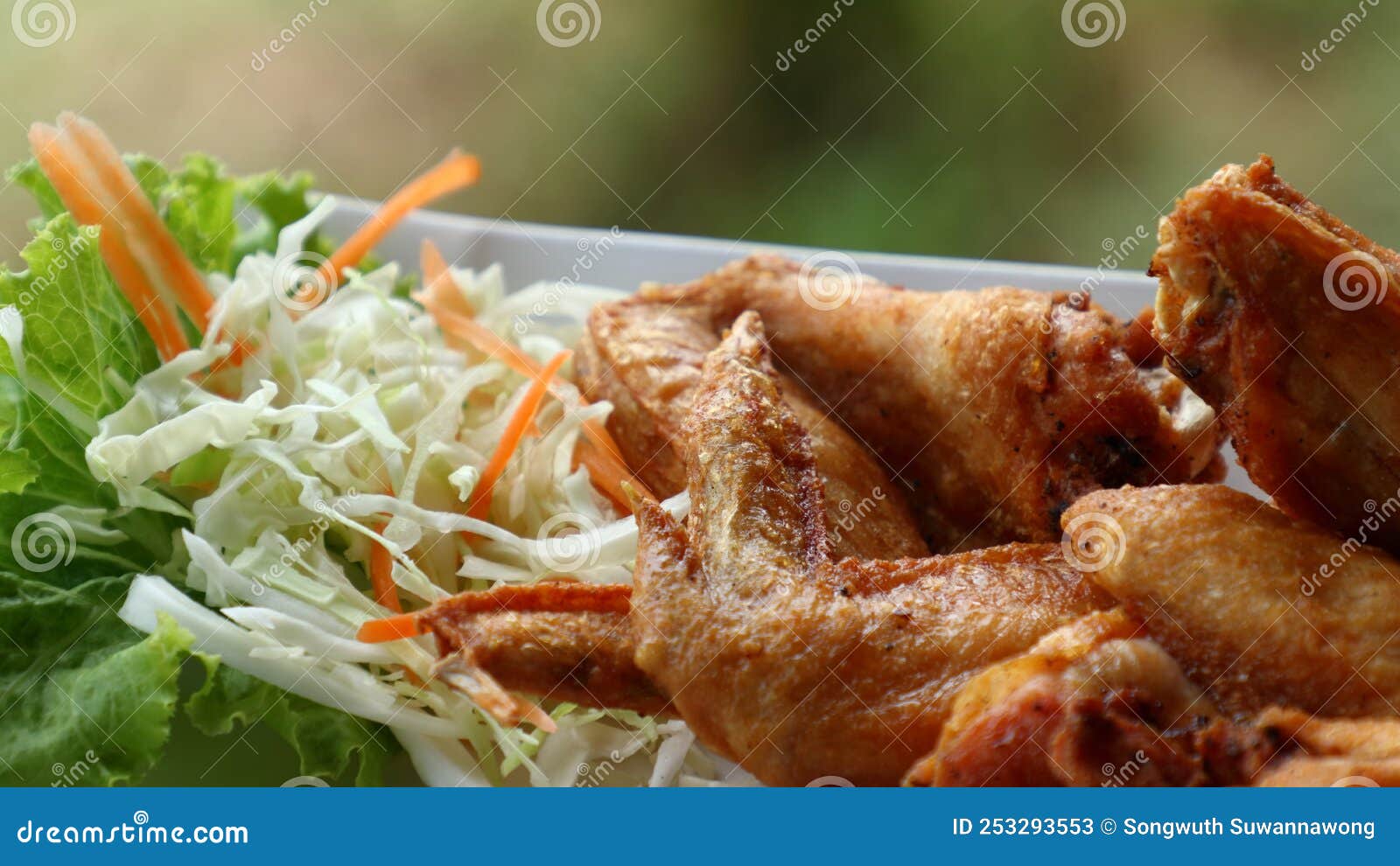 Fried Chicken on Vegetable Background in White Plate Stock Image ...
