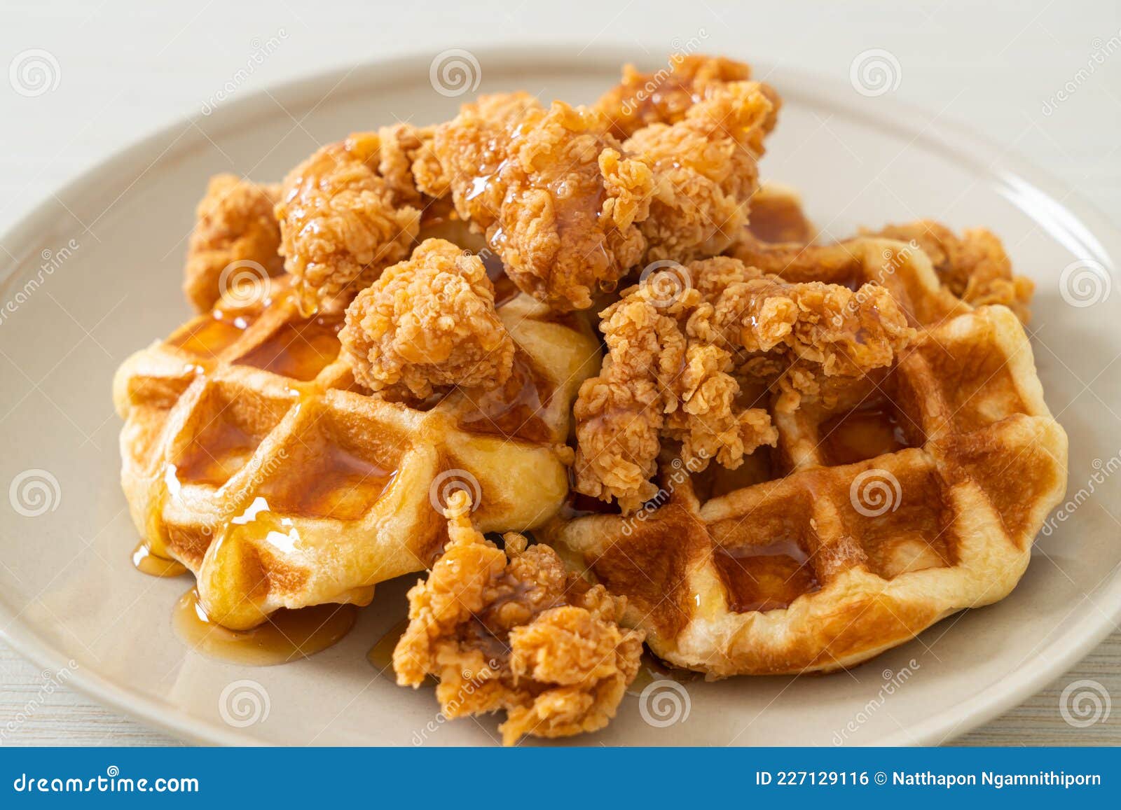 Fried Chicken Waffle with Honey or Maple Syrup Stock Photo - Image of ...