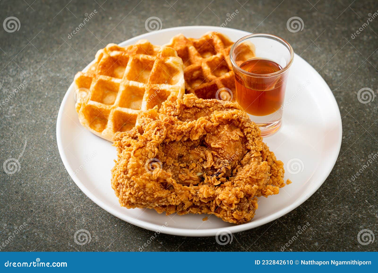 Fried Chicken Waffle with Honey or Maple Syrup Stock Photo - Image of ...