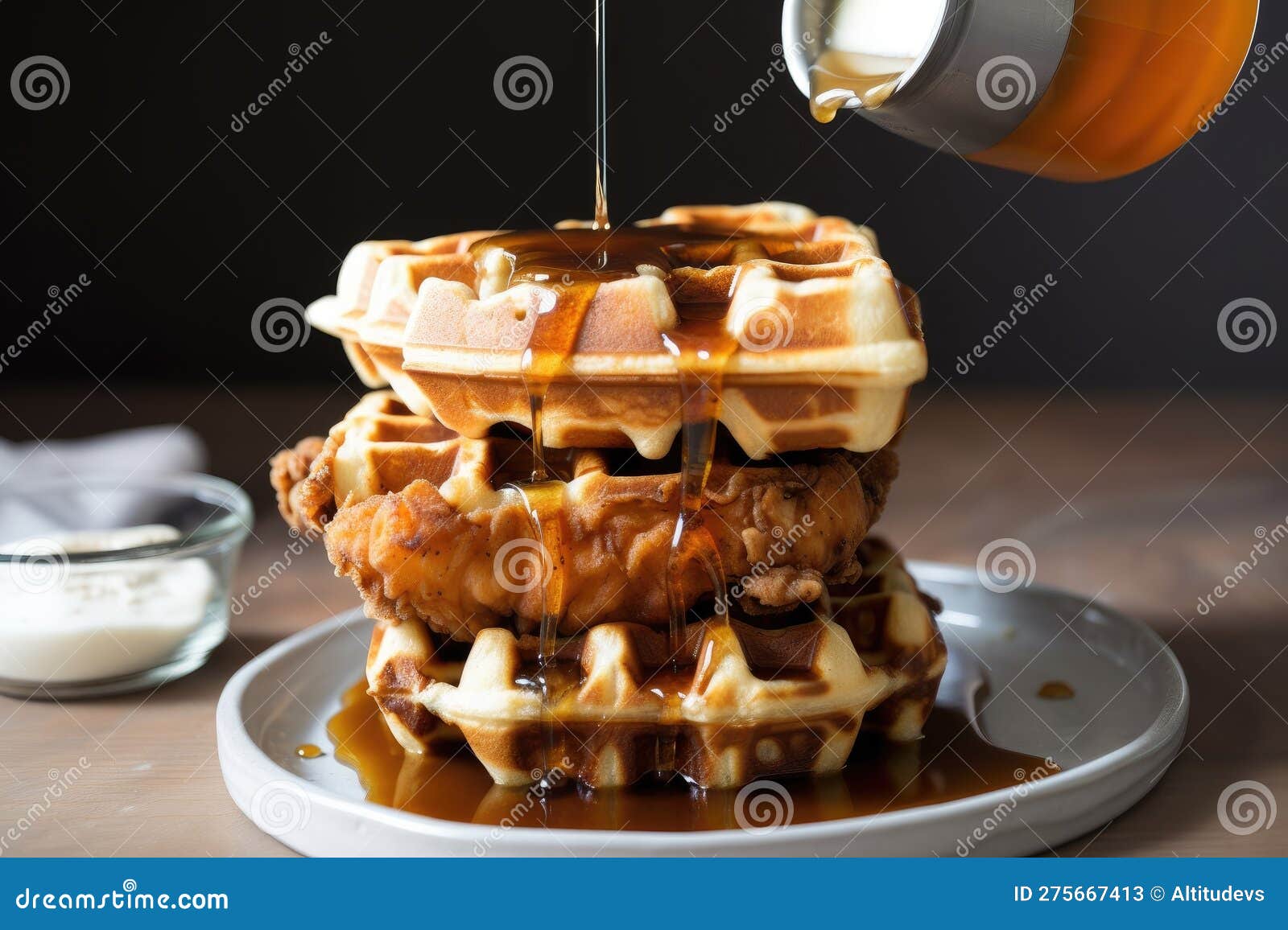 Fried Chicken and Waffle Stack, with Syrup Drizzled Over the Top Stock ...