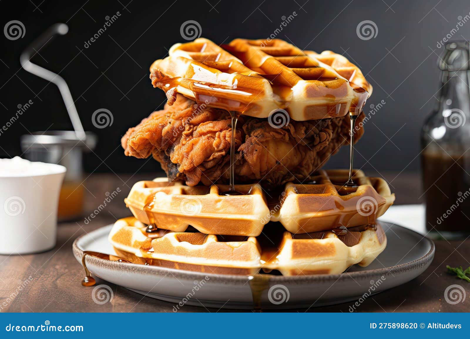 Fried Chicken and Waffle Stack, with Syrup Drizzled Over the Top Stock ...