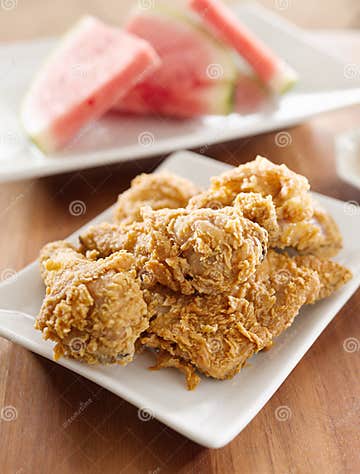 Fried Chicken and Watermelon Closeup Stock Image - Image of cuisine ...