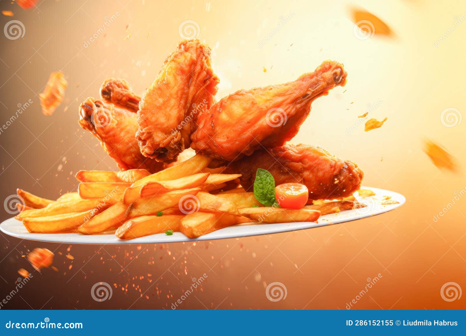 Fried Chicken Wings Flying in the Air Stock Image - Image of nugget ...