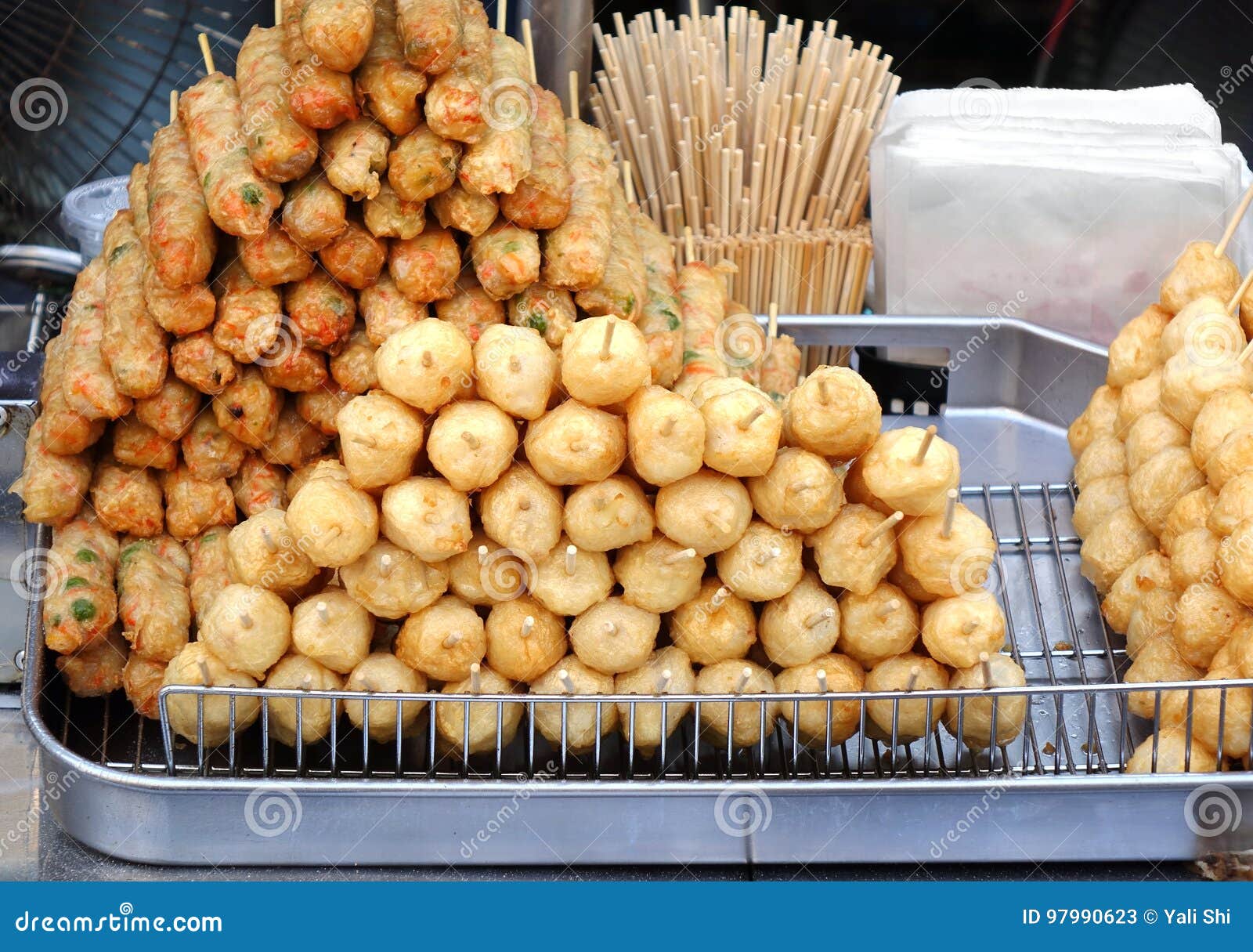 Fried Chinese Fish Balls stock image. Image of pile, stick - 97990623