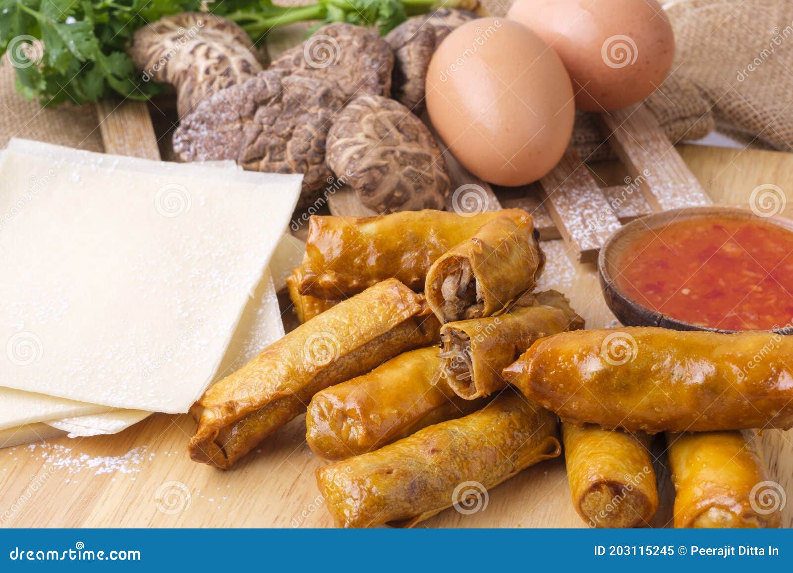 Fried Chinese Spring Rolls with Sweet Chili Sauce Stock Image - Image ...
